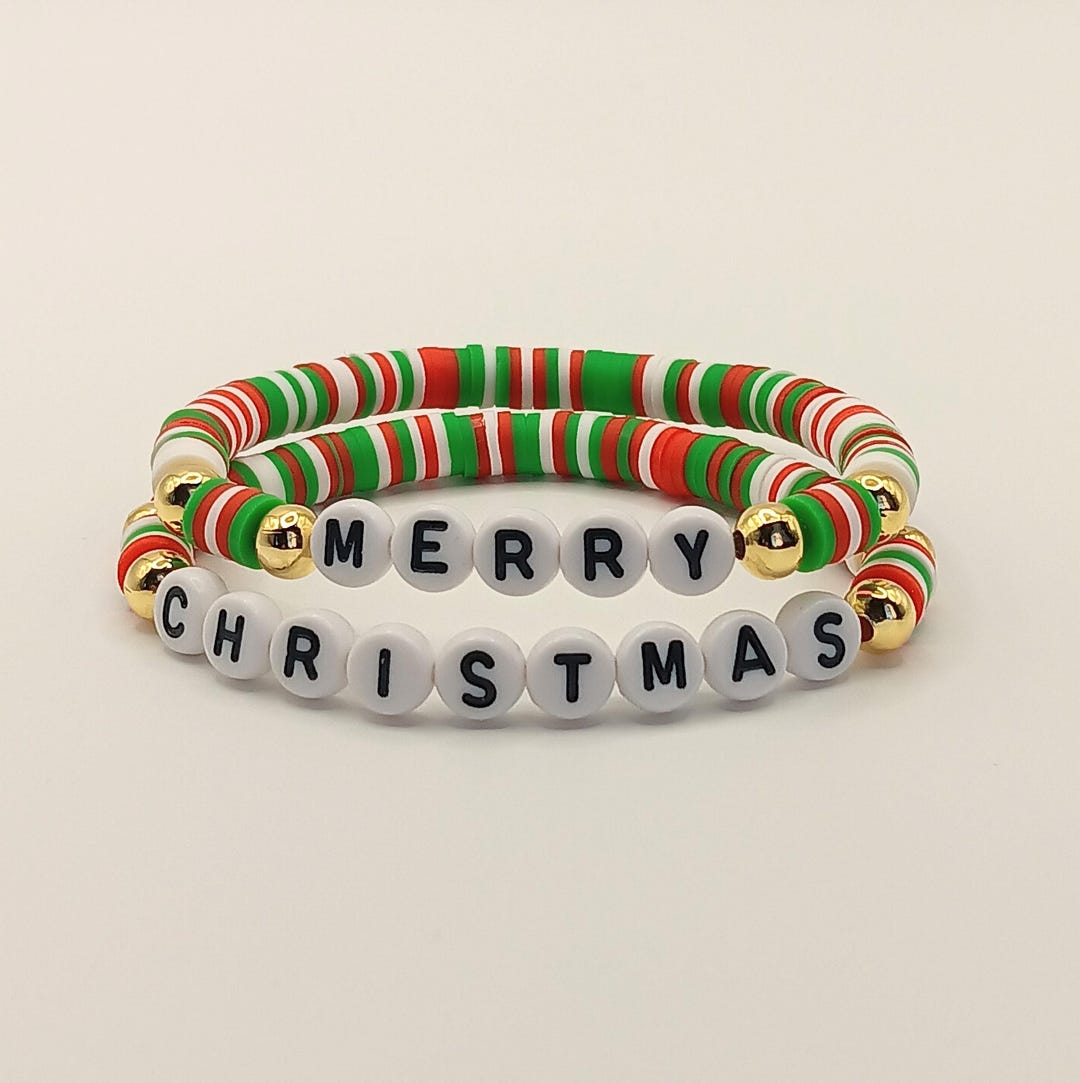 Custom Christmas Bead Name Bracelet, Holiday Bracelets, Heishi ...