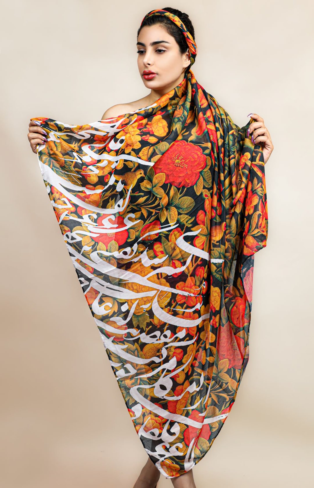 Persian Calligraphy Cotton Scarf, Molana Poem Shawl, Orange Gold - Etsy