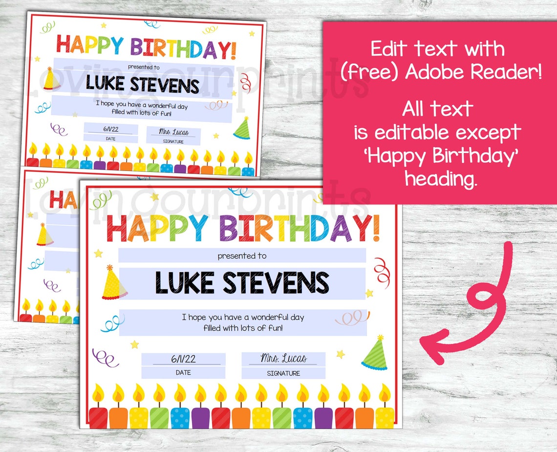 Editable Birthday Certificate Birthday Certificate Classroom - Etsy