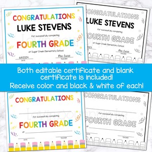 4th Grade Certificate, Editable Fourth Grade Certificates, Editable ...