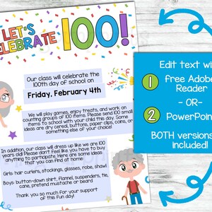 Editable 100th Day of School Parent Letter, 100th Day of School Flyer ...