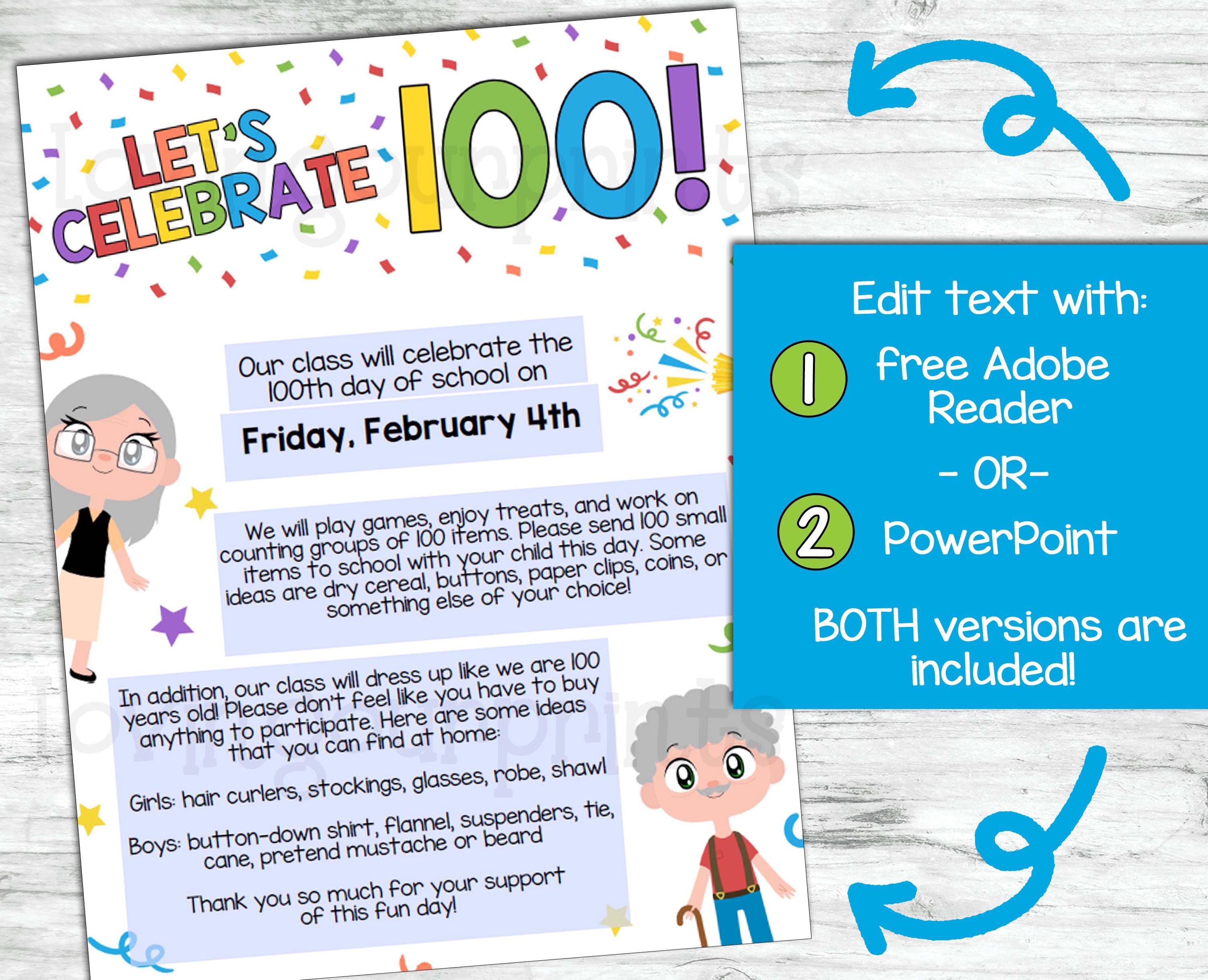 Editable 100th Day of School Parent Letter, 100th Day of School Flyer ...