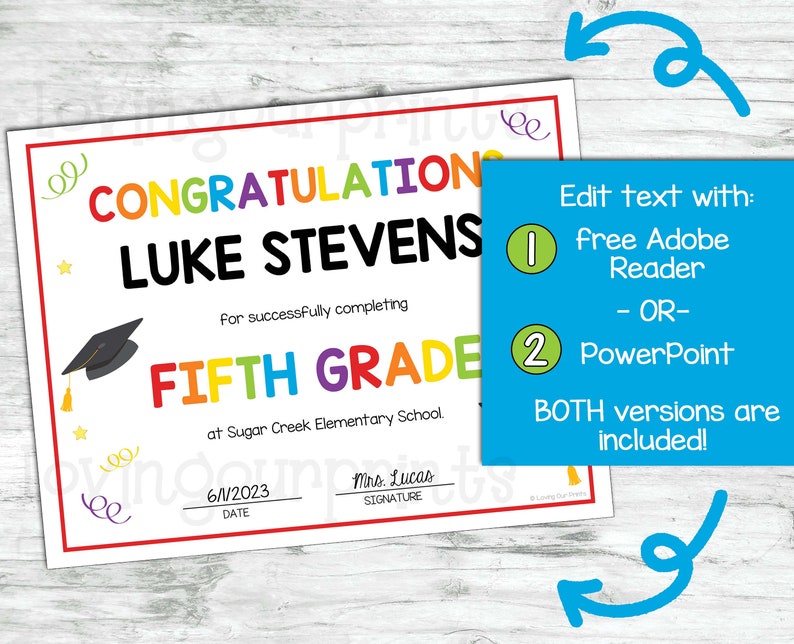 Editable 5th Grade Graduation Certificate, 5th Grade Graduation Diploma ...