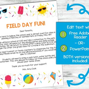 Field Day Letter to Parents, Editable Field Day Parent Letter, End of ...