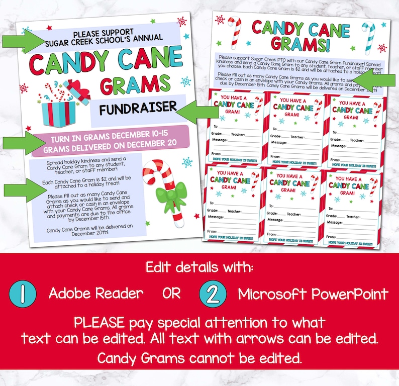 Candy Cane Gram Printable, Candy Cane Gram Fundraiser Flyer, Editable ...