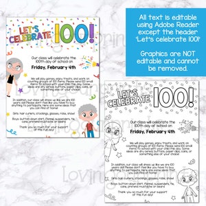 Editable 100th Day of School Parent Letter, 100th Day of School Flyer ...