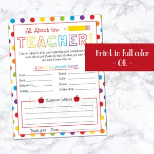 Beginning of the Year Teacher Questionnaire, All About My Teacher ...