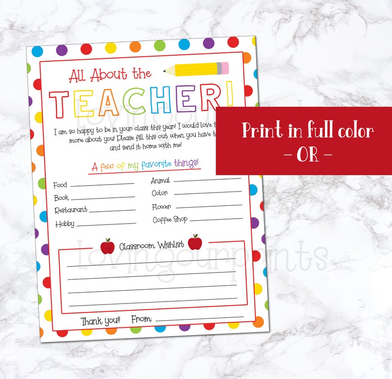 Beginning of the Year Teacher Questionnaire, All About My Teacher ...