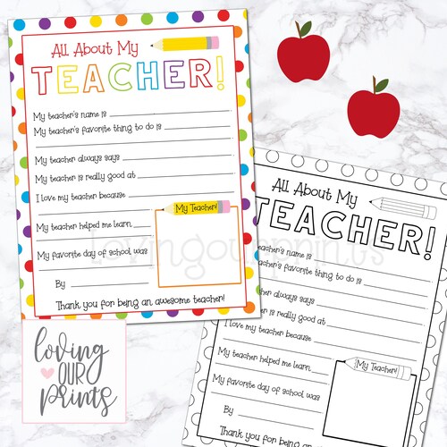 Teacher Thank You Printable All About My Teacher Teacher - Etsy Australia