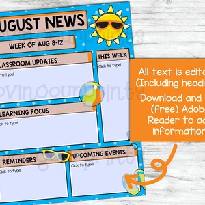 August Newsletter, Teacher Newsletter Template, Editable Teacher ...