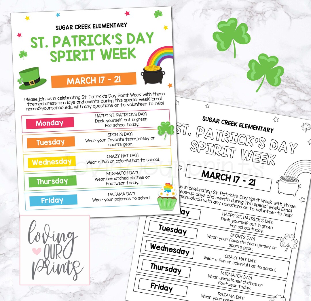 St. Patrick's Day Spirit Week Flyer, March Spirit Week, March Spirit ...