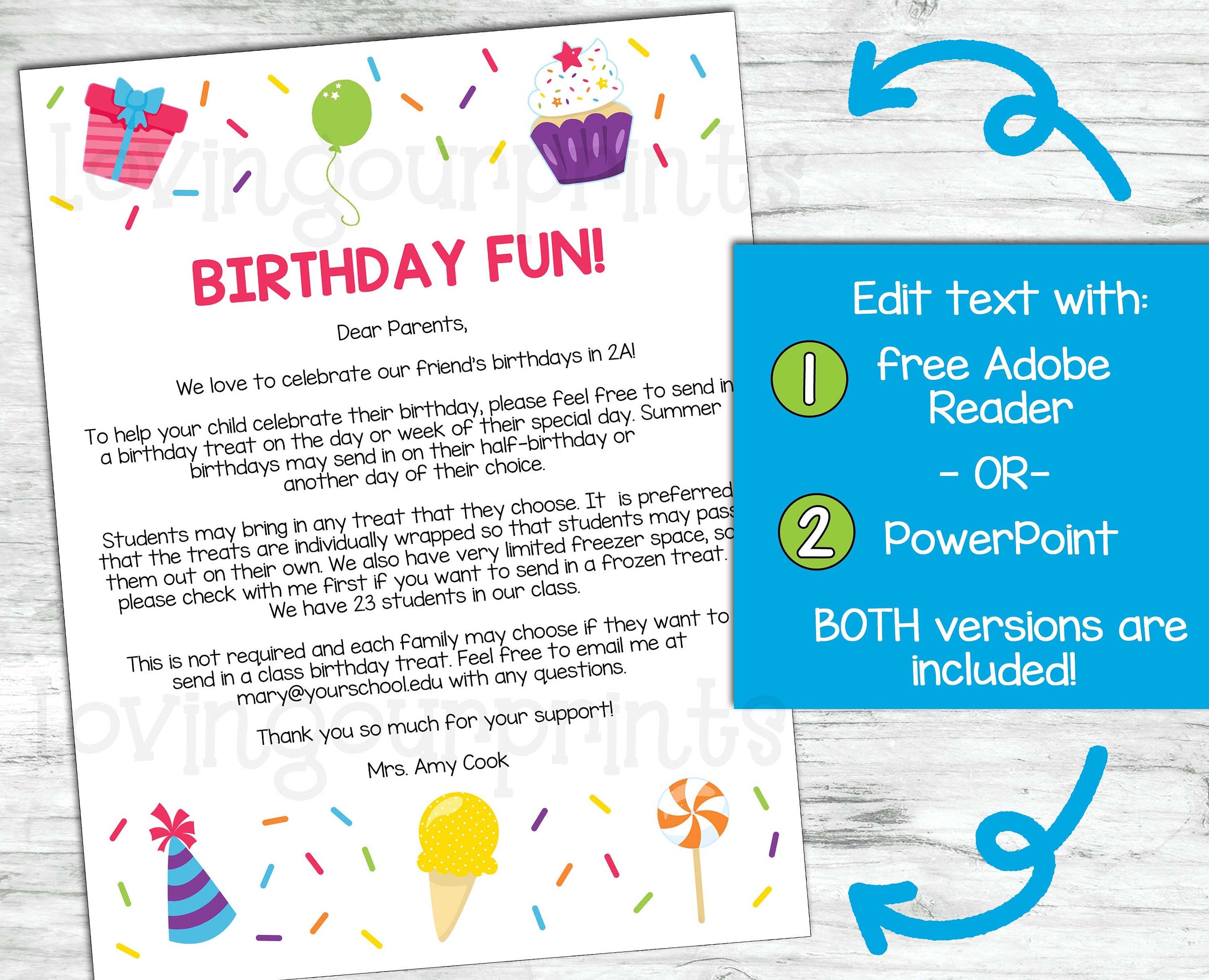 Birthday Treat Parent Letter, Editable Classroom Birthday Treat Letter ...