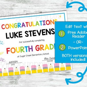 4th Grade Certificate, Editable Fourth Grade Certificates, Editable ...