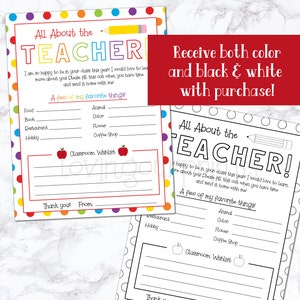 Beginning of the Year Teacher Questionnaire, All About My Teacher ...