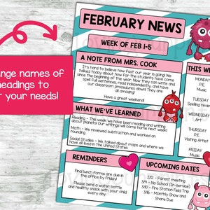Editable February Newsletter, February Newsletter Template, School ...