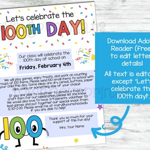 Editable 100th Day of School Flyer, 100th Day of School Parent Letter ...