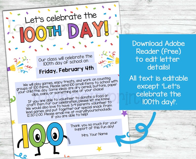 Editable 100th Day of School Flyer 100th Day of School Parent - Etsy