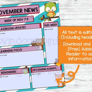 Editable November Newsletter Template, Editable Teacher Newsletter ...