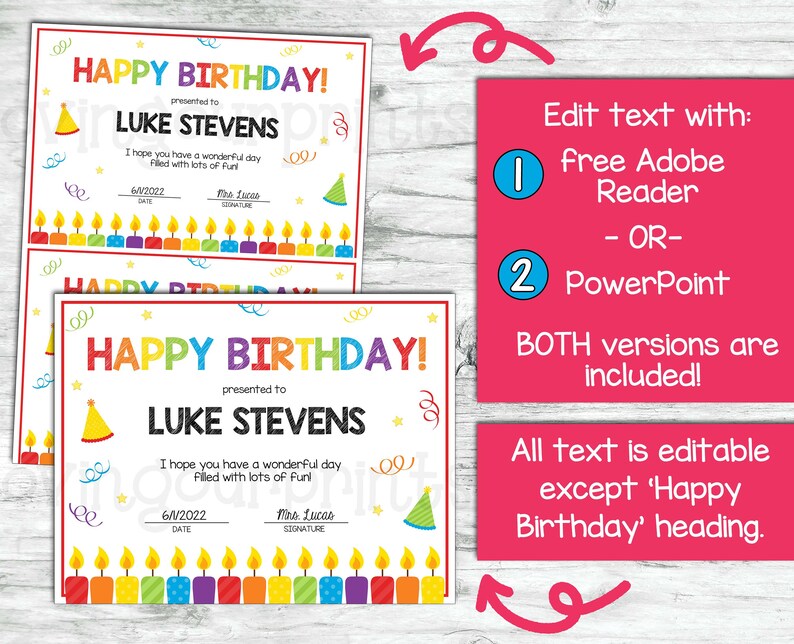 Editable Birthday Certificate, Birthday Certificate Classroom, Student ...