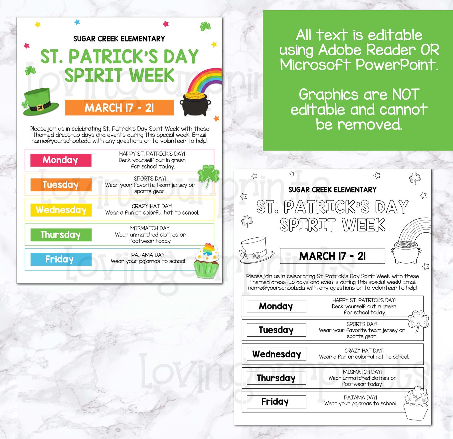 St. Patrick's Day Spirit Week Flyer, March Spirit Week, March Spirit ...