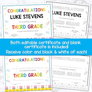 3rd Grade Certificate, Editable Third Grade Certificates, End of the ...