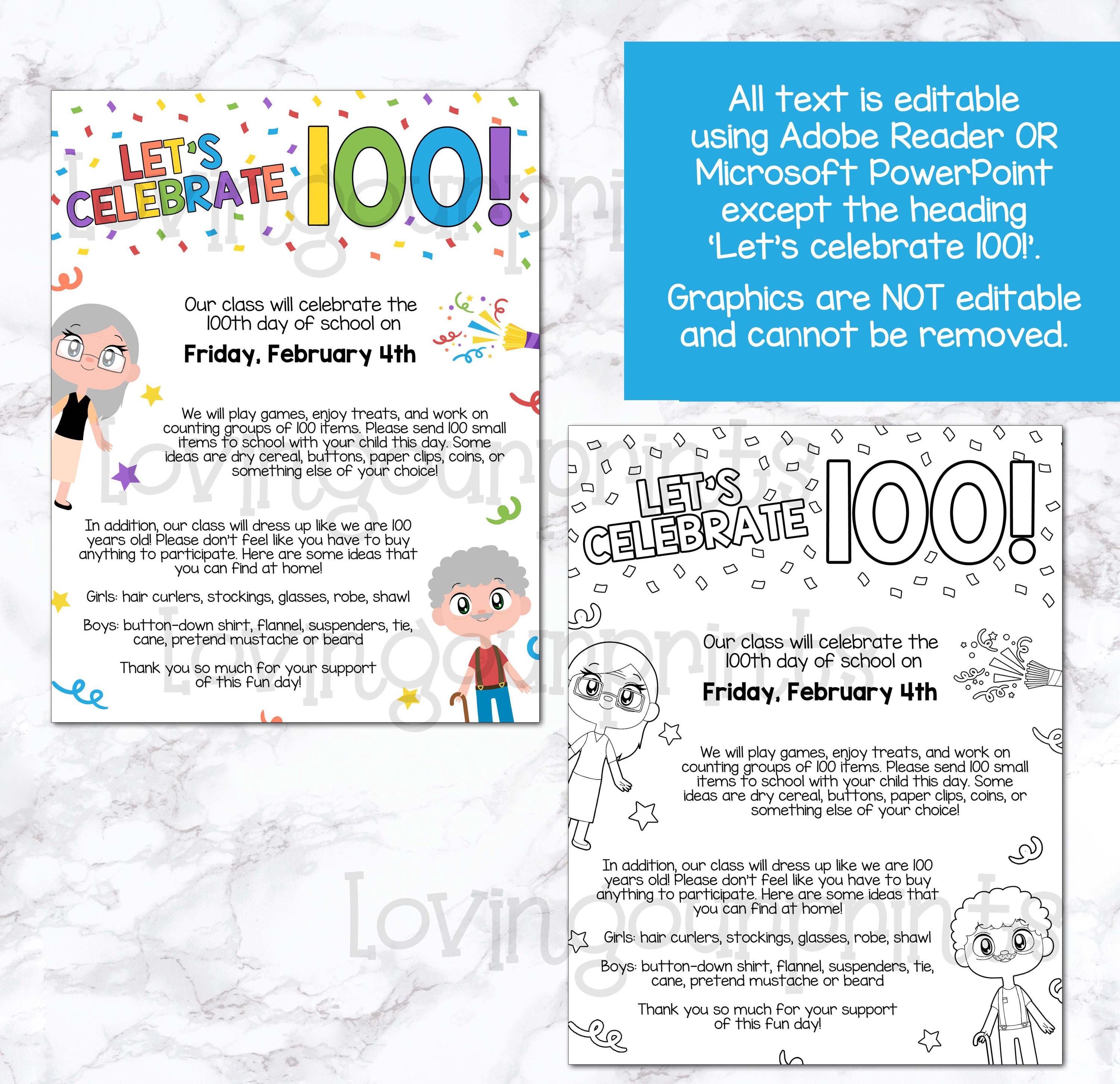 Editable 100th Day of School Parent Letter, 100th Day of School Flyer ...