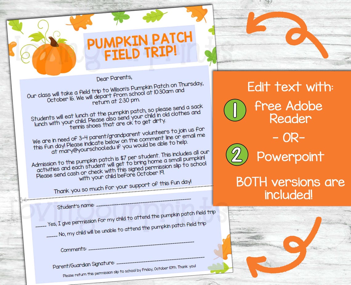 Pumpkin Patch Field Trip, Editable Pumpkin Patch Field Trip Form ...
