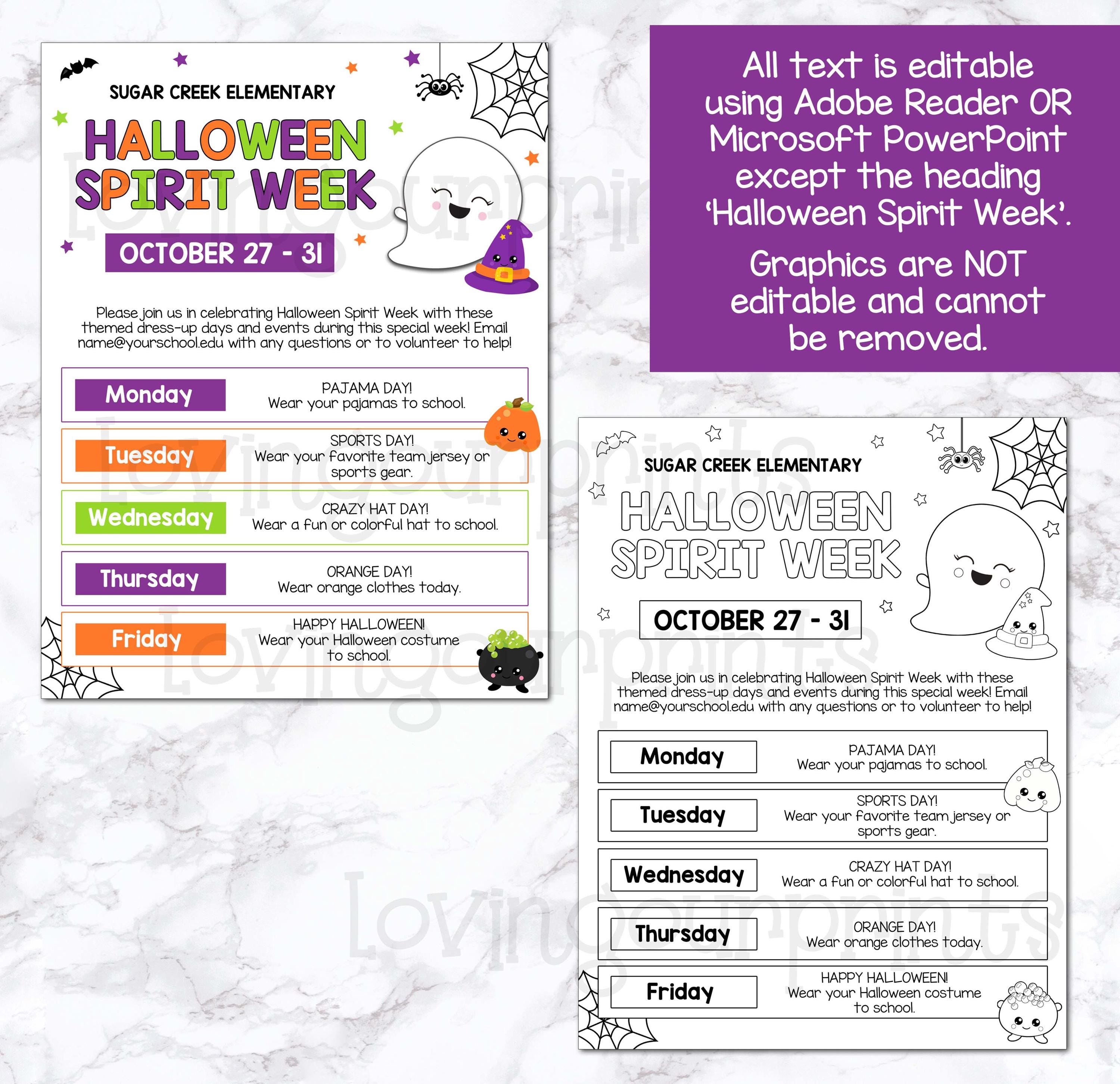 Halloween Spirit Week, Halloween Spirit Week Flyer, Halloween Dress up ...
