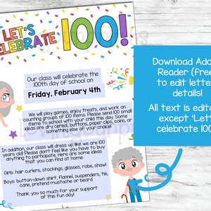 Editable 100th Day of School Parent Letter, 100th Day of School Flyer ...