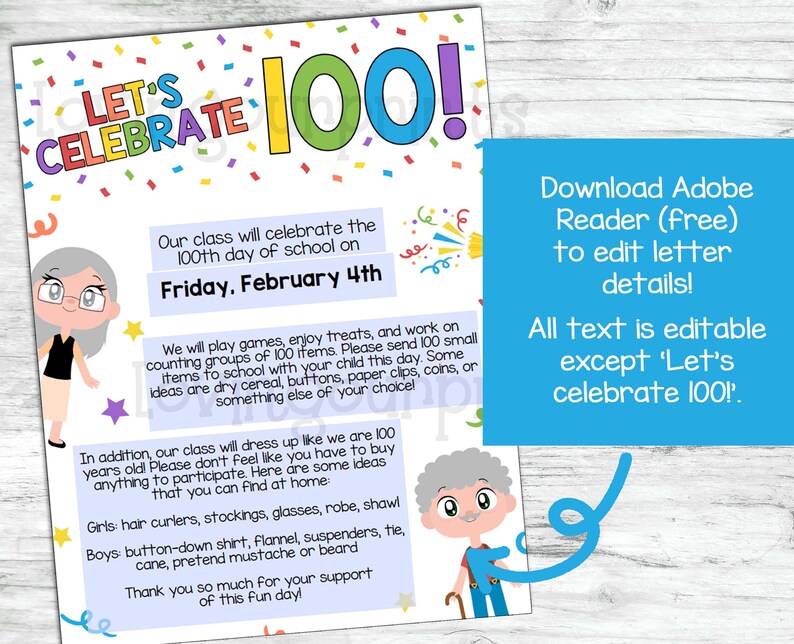 Editable 100th Day of School Parent Letter 100th Day of - Etsy