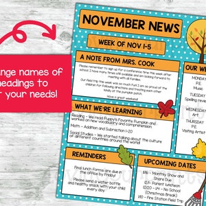 Editable November Newsletter Template, Editable Teacher Newsletter ...