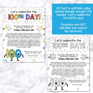 Editable 100th Day of School Flyer, 100th Day of School Parent Letter ...