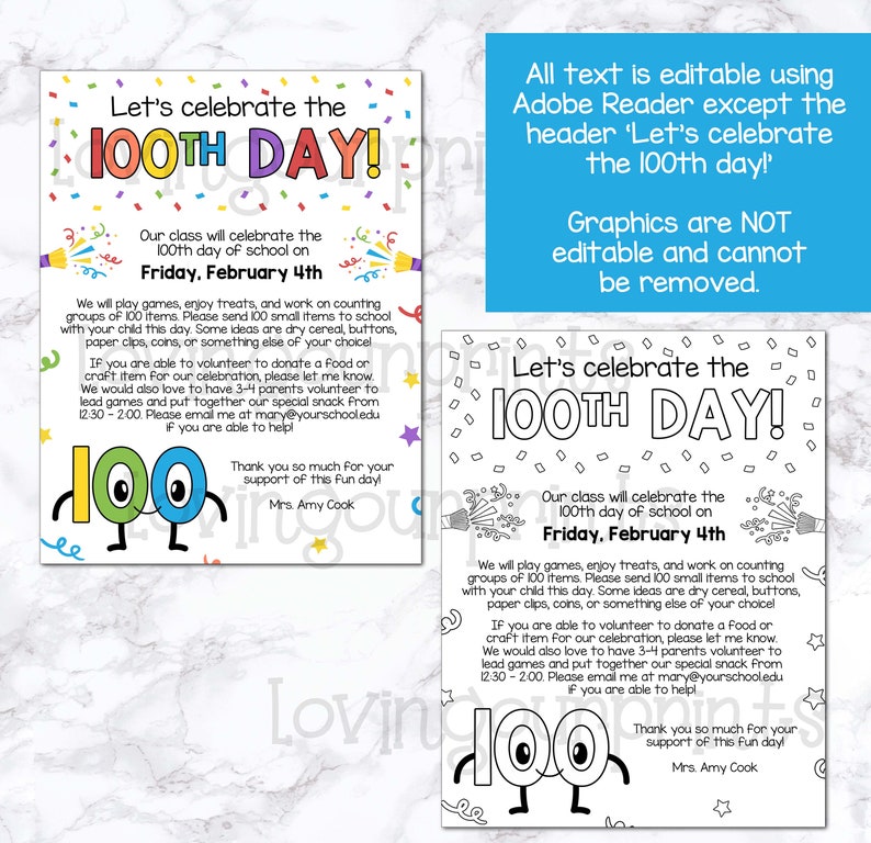 Editable 100th Day of School Flyer 100th Day of School Parent - Etsy
