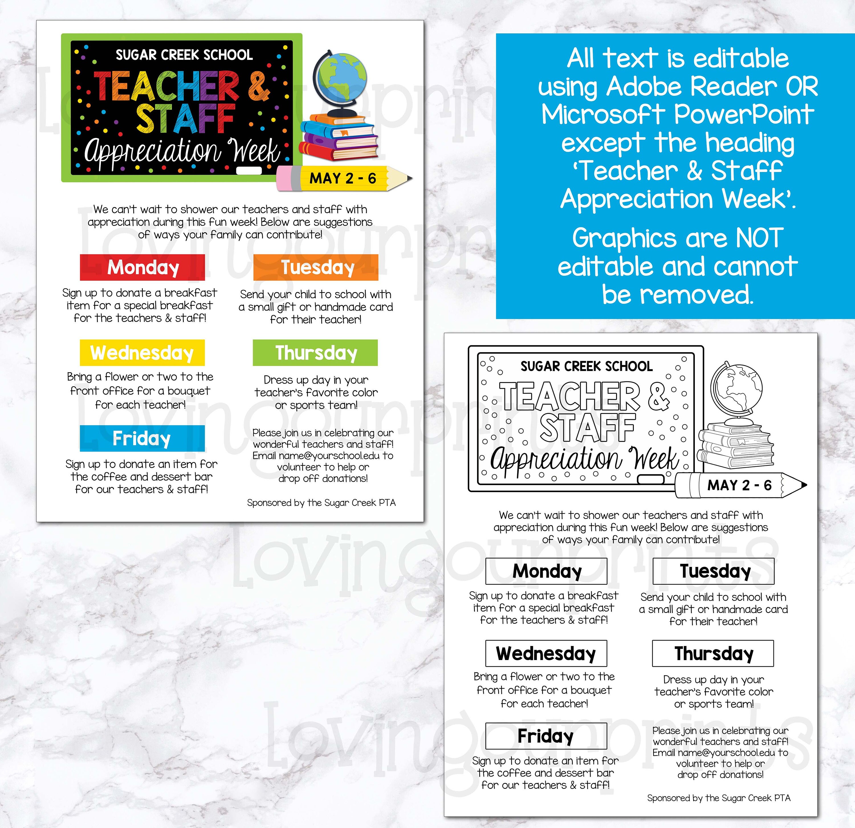 Teacher Appreciation Week, Editable Teacher Appreciation Week Calendar ...
