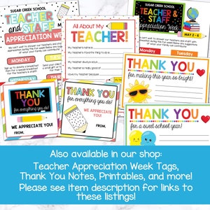 Teacher Appreciation Thank You Note, Teacher Appreciation Notes Bundle ...