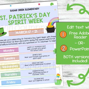 St. Patrick's Day Spirit Week Flyer, March Spirit Week, March Spirit ...