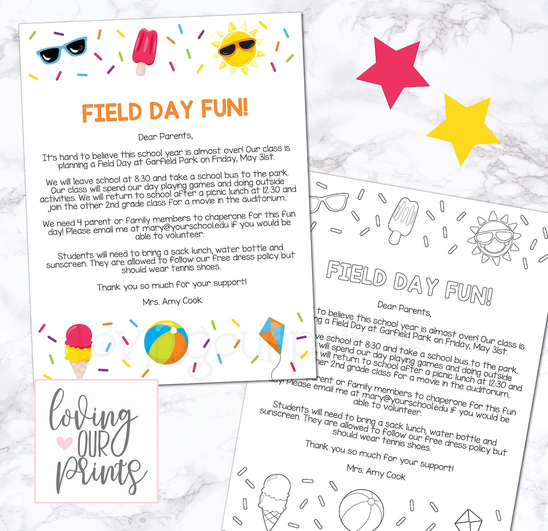 Field Day Letter to Parents, Editable Field Day Parent Letter, End of ...