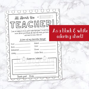 Beginning of the Year Teacher Questionnaire, All About My Teacher ...