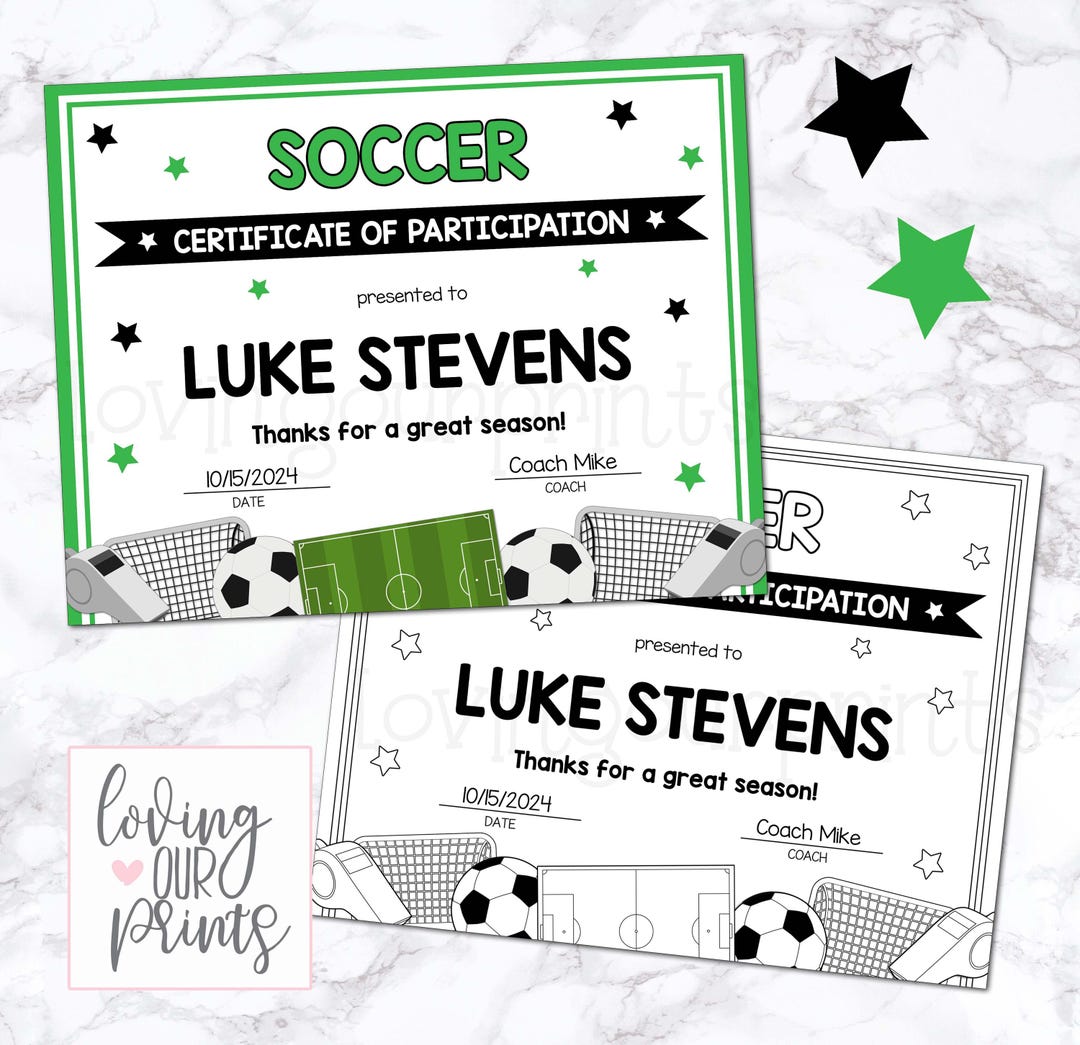 Soccer Certificate, Soccer Certificate Award, Soccer Awards for Kids ...
