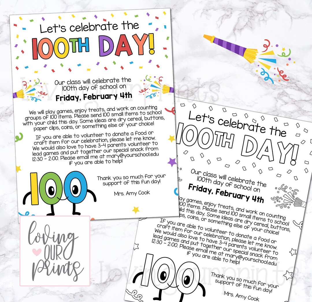 Editable 100th Day of School Flyer, 100th Day of School Parent Letter ...