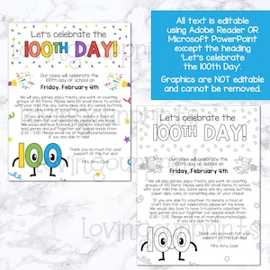 Editable 100th Day of School Flyer, 100th Day of School Parent Letter ...