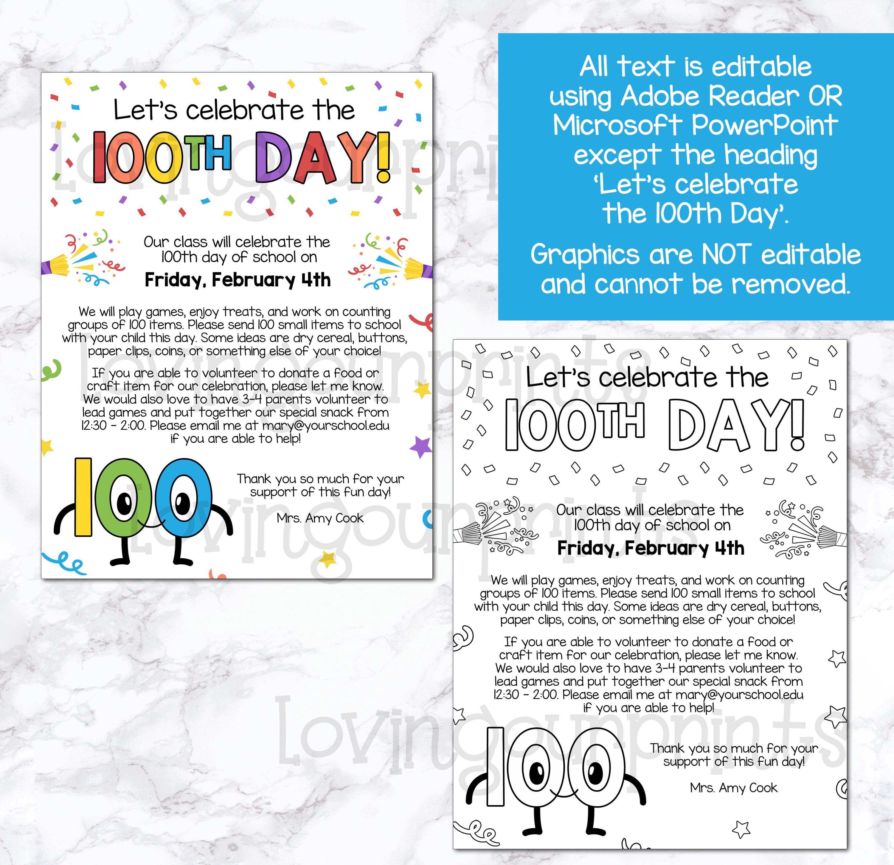 Editable 100th Day of School Flyer, 100th Day of School Parent Letter ...