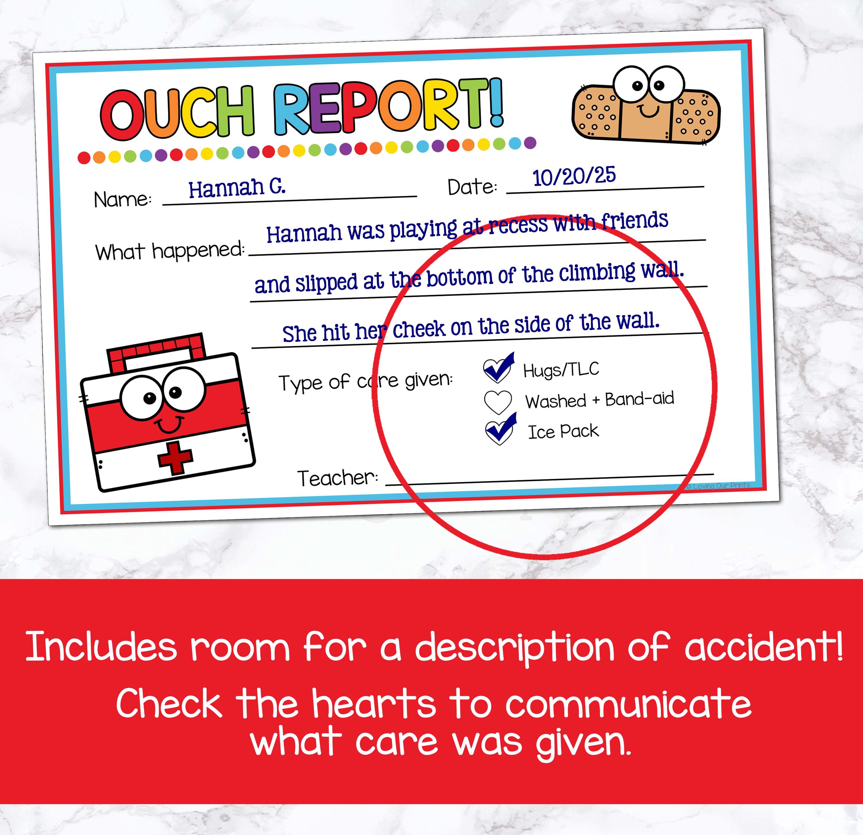Ouch Report for Daycare, Ouch Report for School, Accident Report Day ...