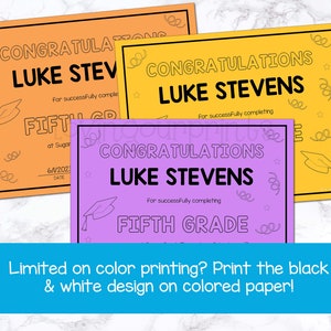 Editable 5th Grade Graduation Certificate, 5th Grade Graduation Diploma ...