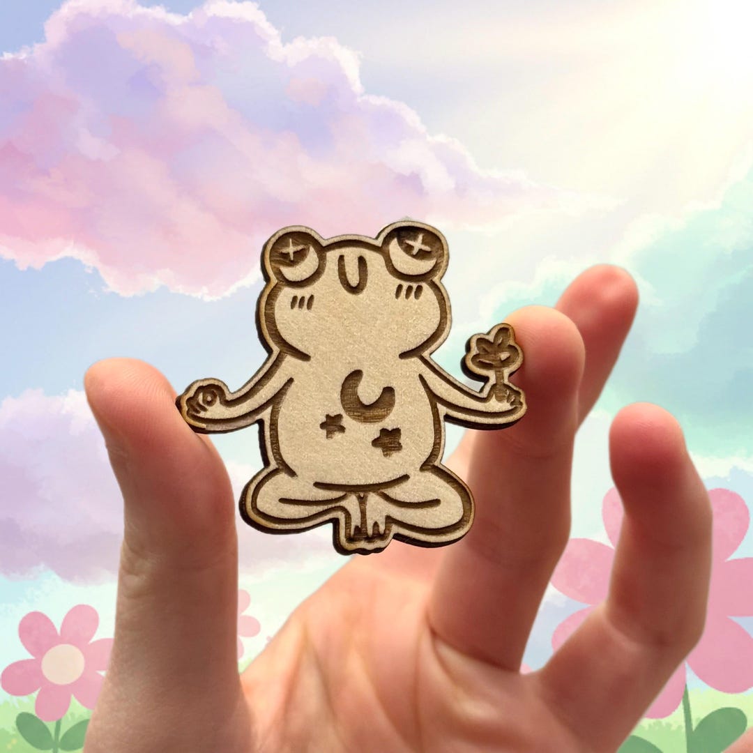 Mindful Frog Wooden Pin – Meditation Brooch for Calm and Focus – Zen Gift Idea – Peaceful Custom ...
