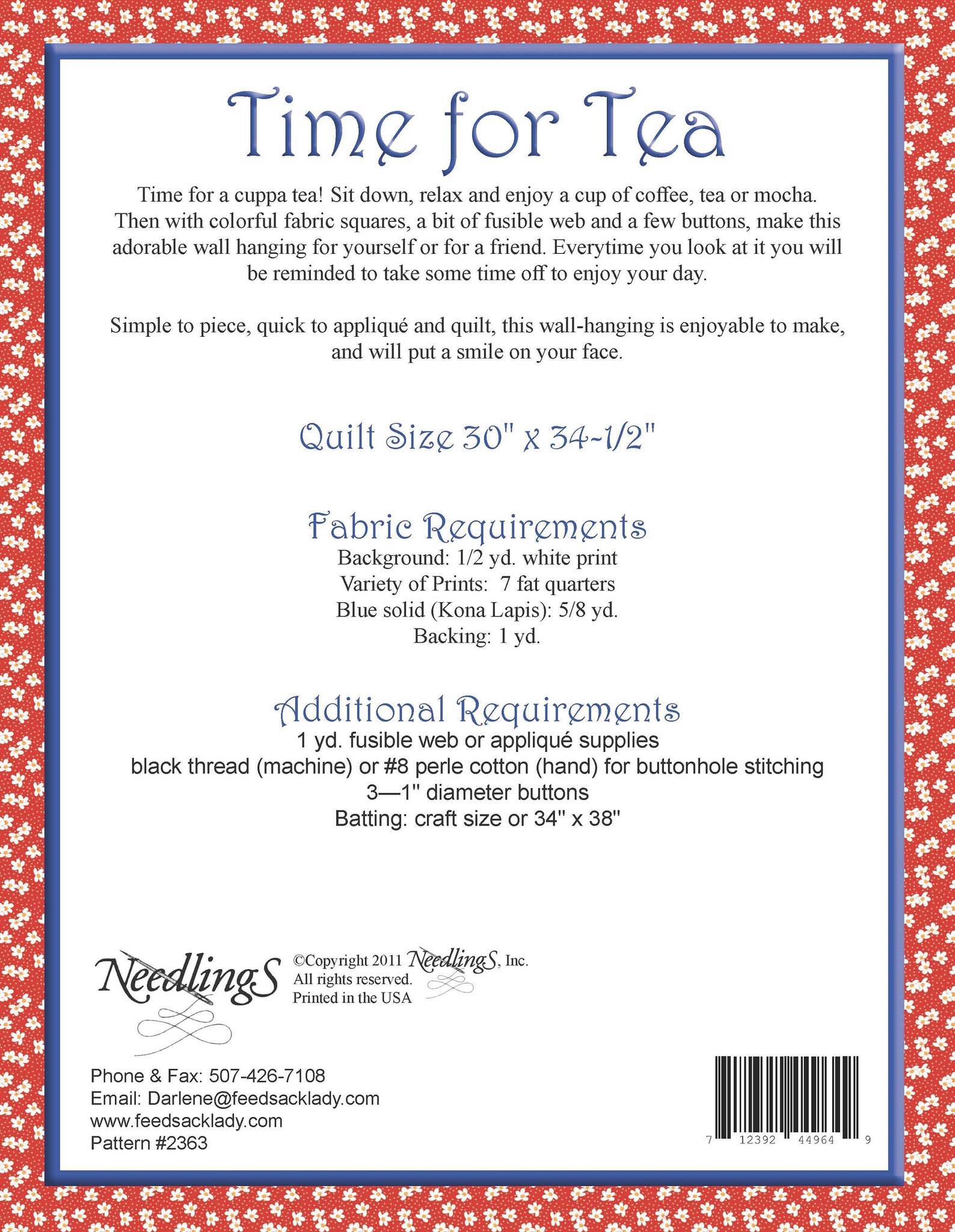 Time for Tea-- a Wall-hanging Pattern by Darlene Zimmerman - Etsy