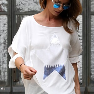 Women White Top, Sequins Top, Layered Top, Star Clothing, Casual Blouse ...