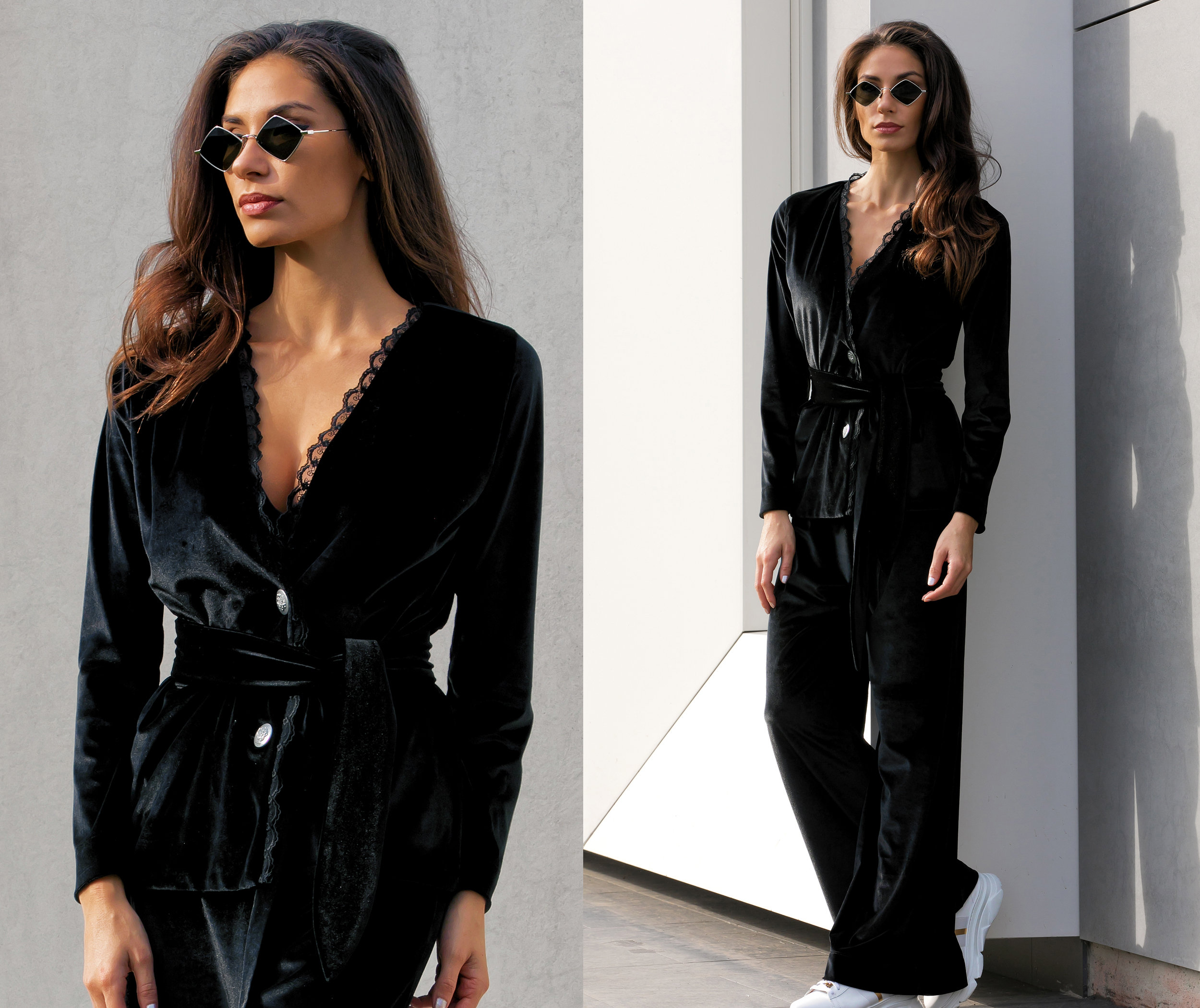 Robe Lounge Jacket and Pants Set Black Velvet Set Women - Etsy