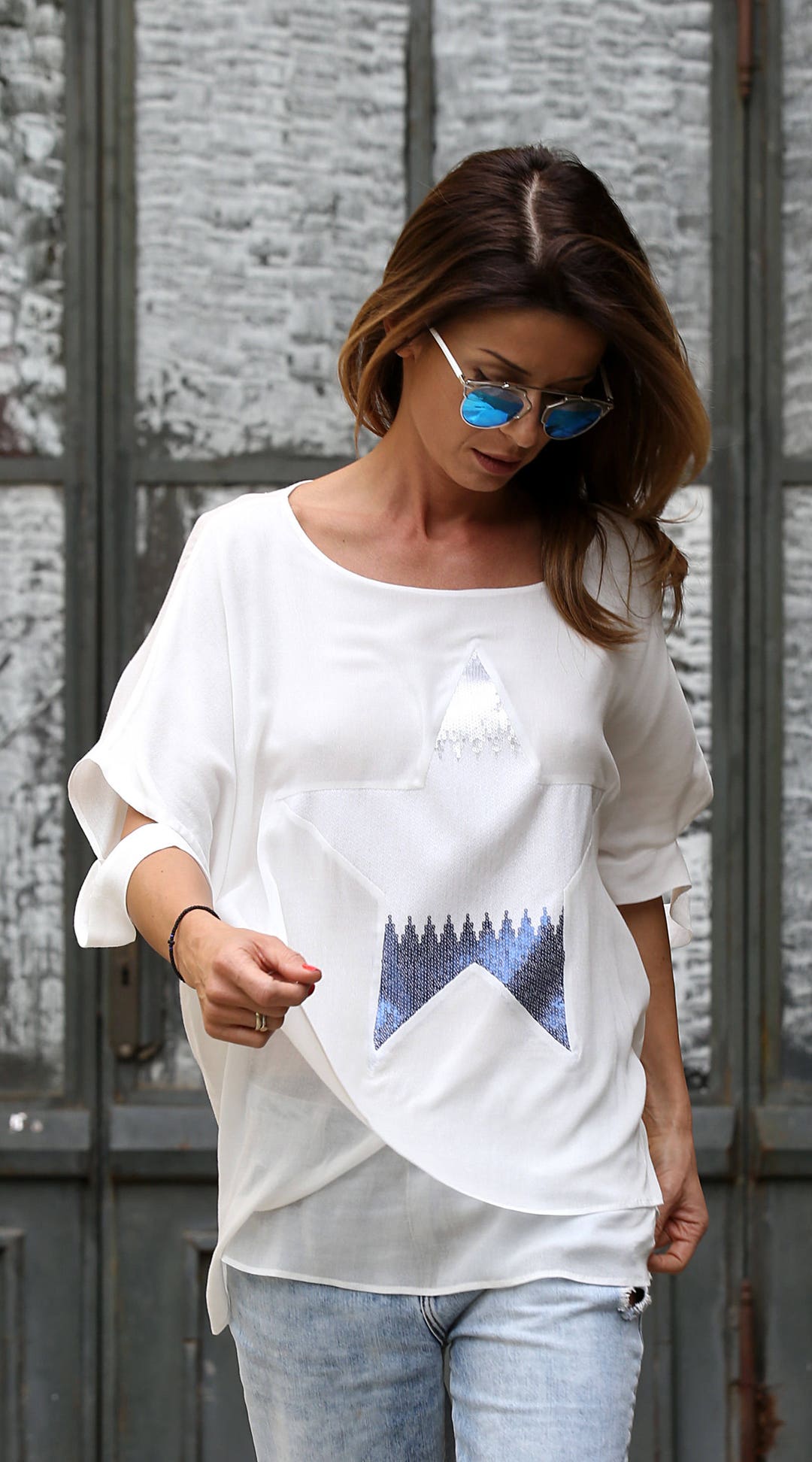 Women White Top, Sequins Top, Layered Top, Star Clothing, Casual Blouse ...