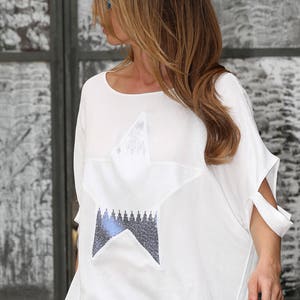 Women White Top, Sequins Top, Layered Top, Star Clothing, Casual Blouse ...